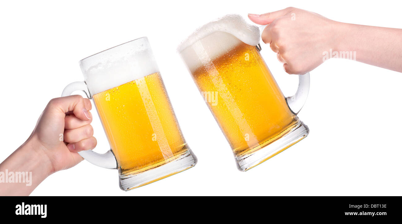 Frosty glass of beer with hand.making toast isolated on a white ...