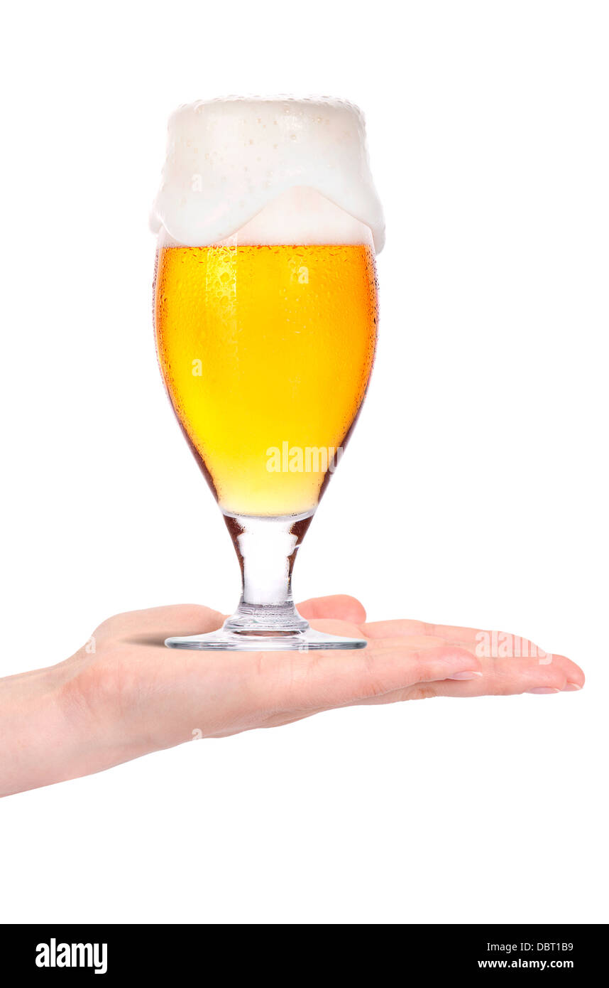 hand offering glass of beer in ice isolated on a white background ...