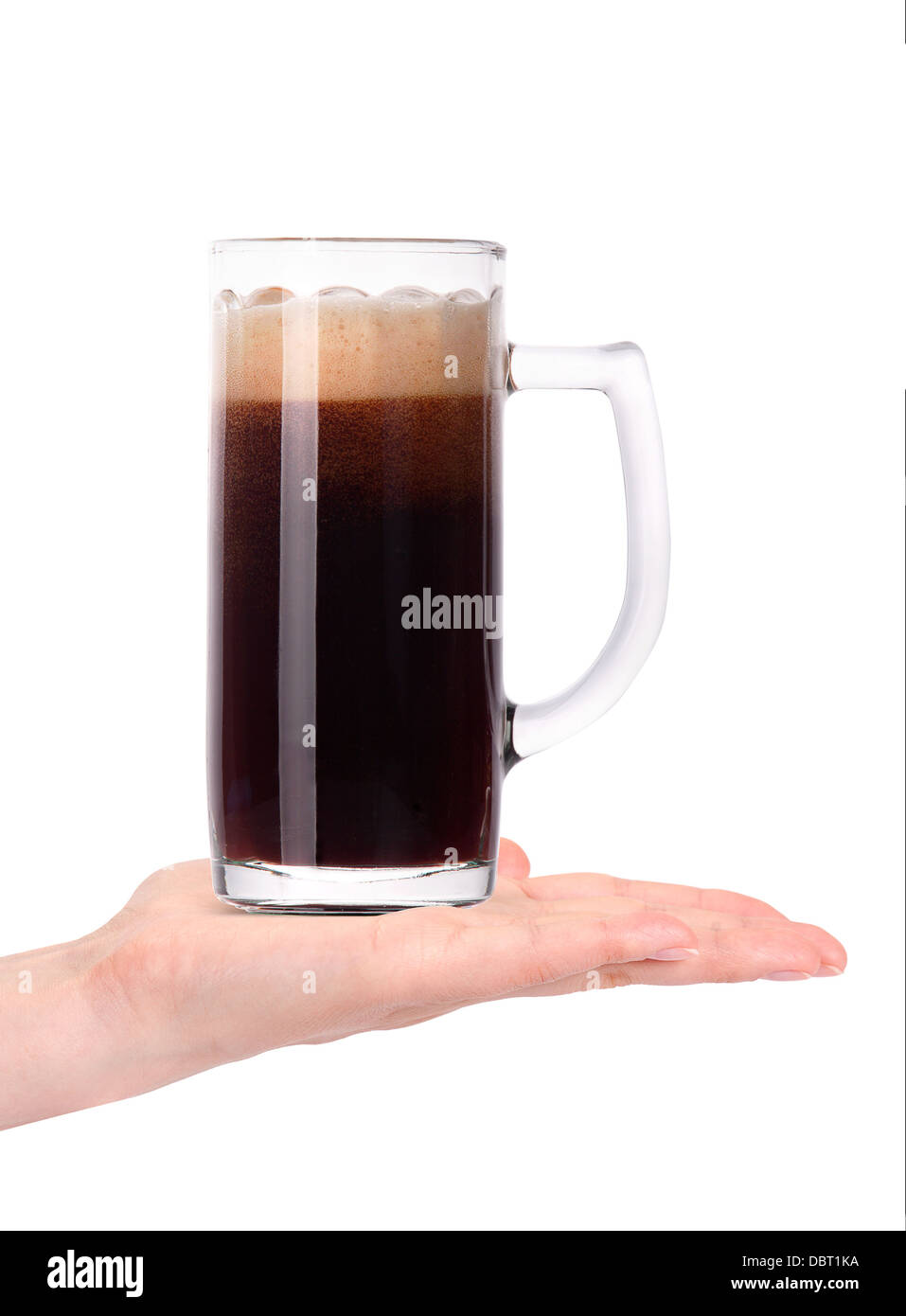 hand offering glass of beer in ice isolated on a white background ...