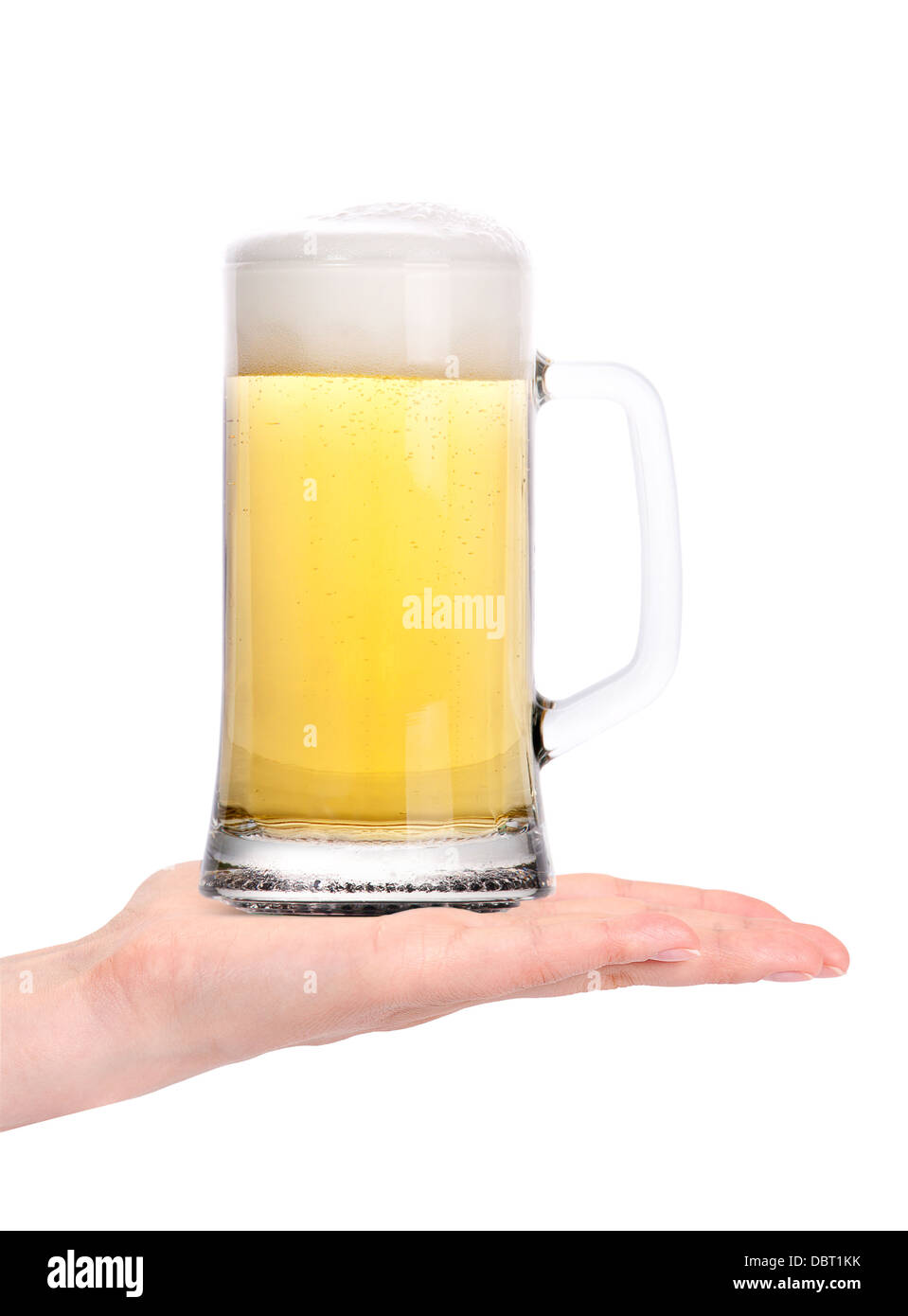 hand offering glass of beer in ice isolated on a white background ...