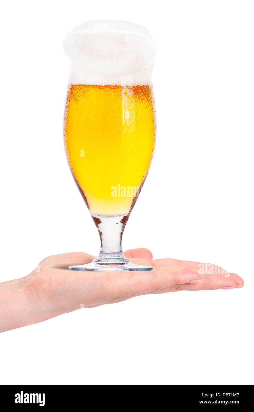 hand offering glass of beer in ice isolated on a white background ...