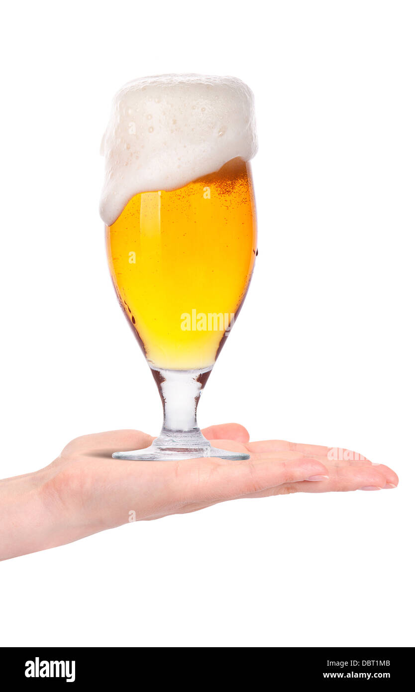 hand offering glass of beer in ice isolated on a white background ...
