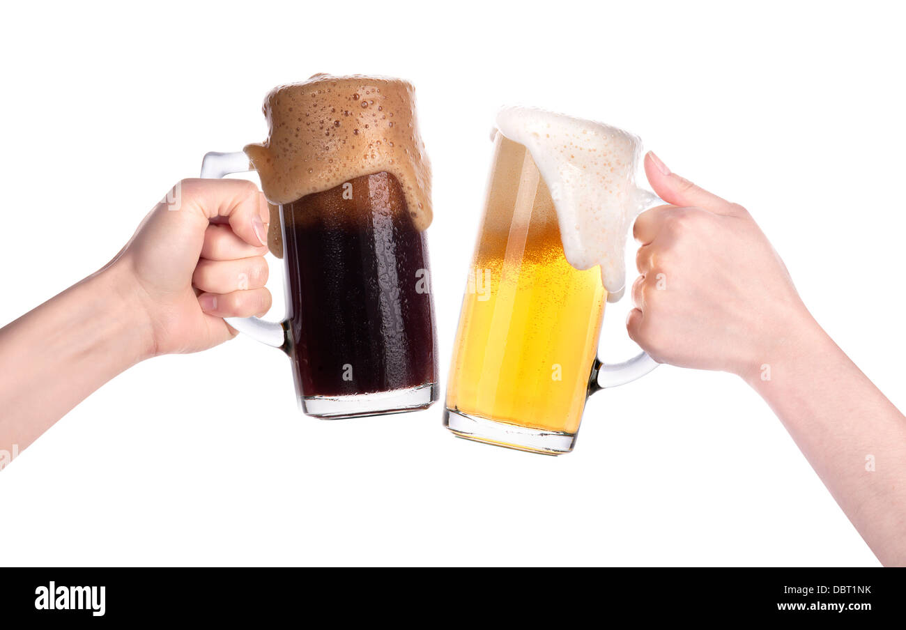 Pair of beer glasses with hand making a toast isolated on a white ...