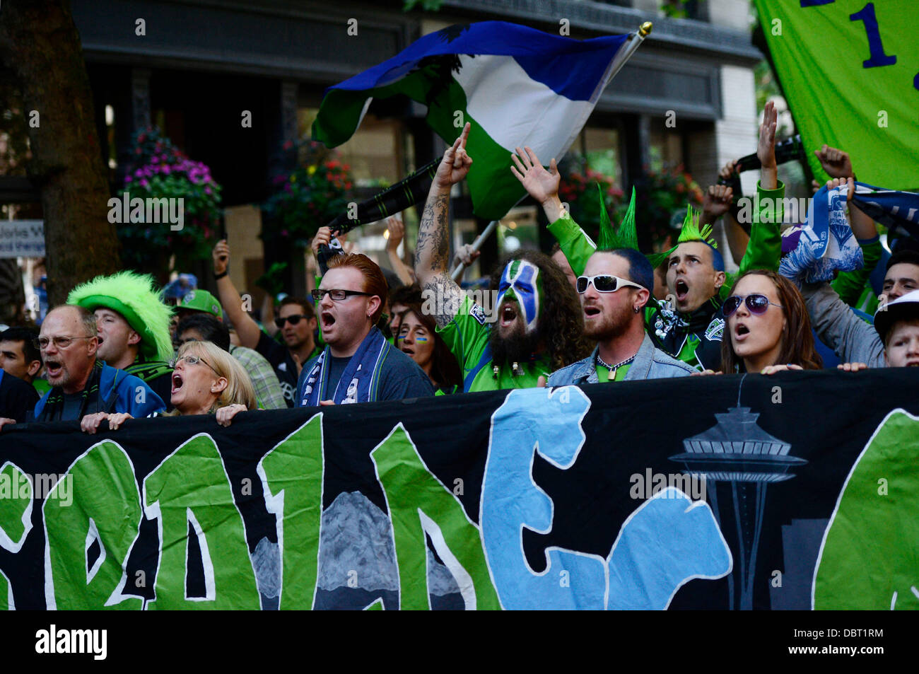 August 3, 2013. Seattle Sounders FC fans participate in the March to ...