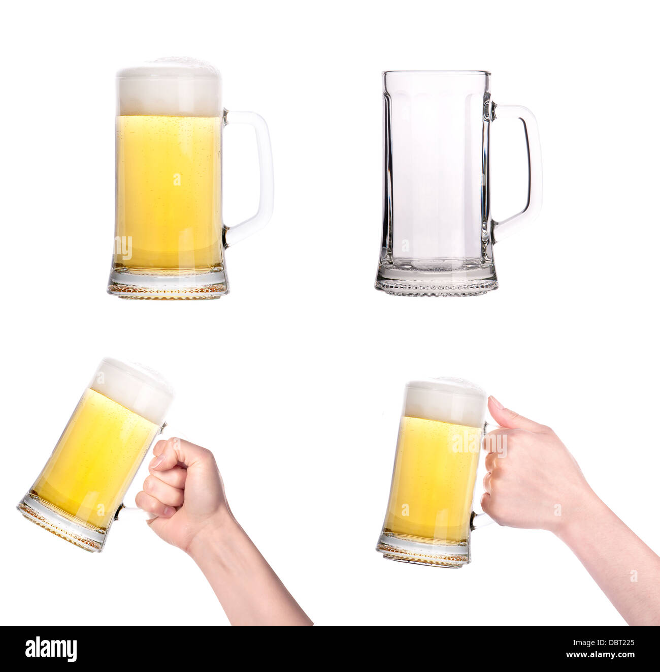 glass of beer collection isolated. Full,empty,with hand on a white ...
