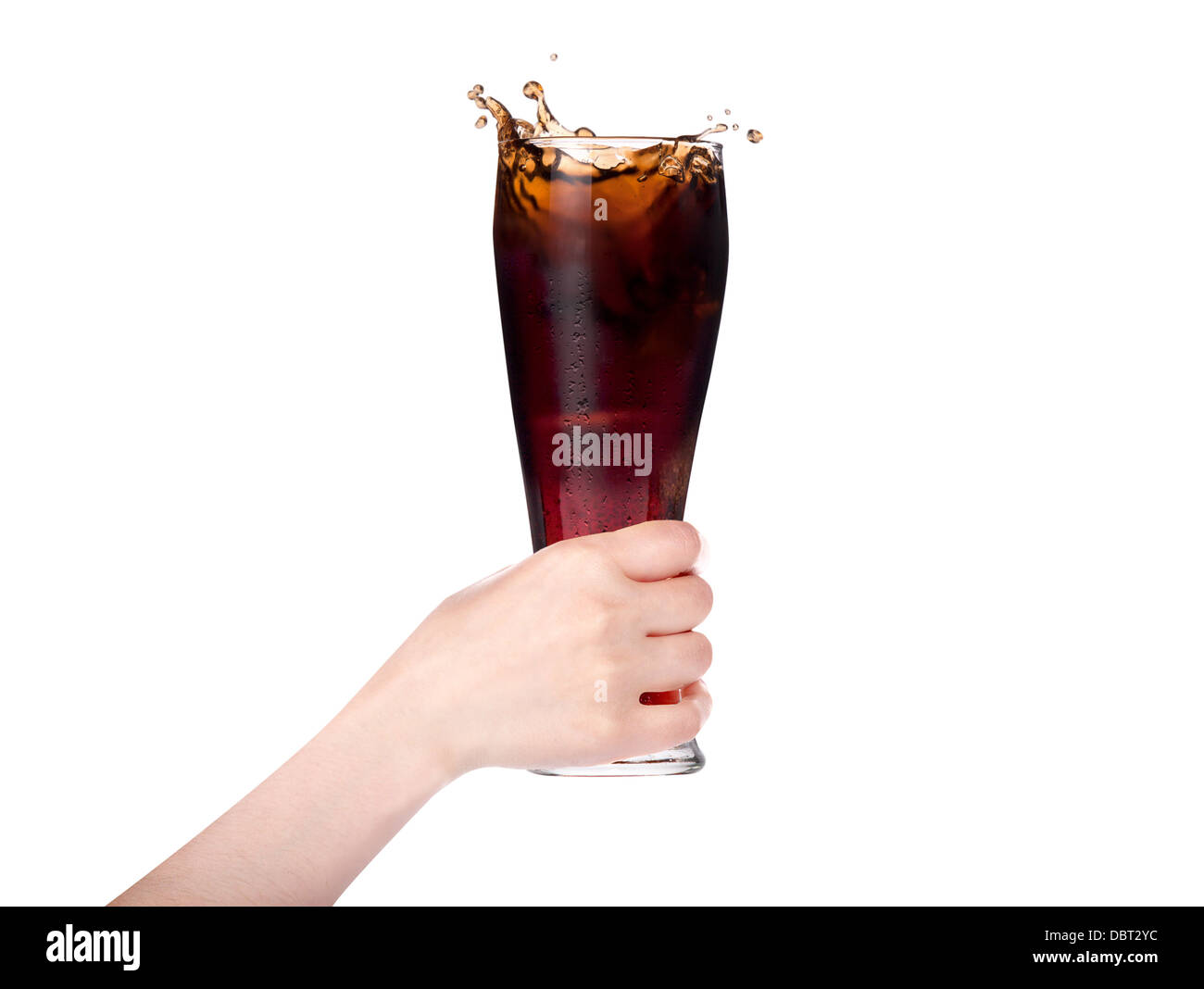 Woman hand holding fresh Cola with ice cubes on a white Stock Photo - Alamy