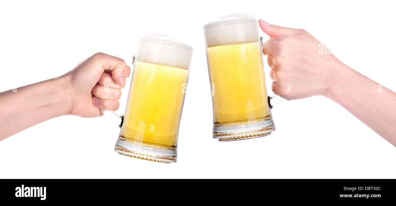 Pair of beer glasses with hand making a toast isolated on a white ...