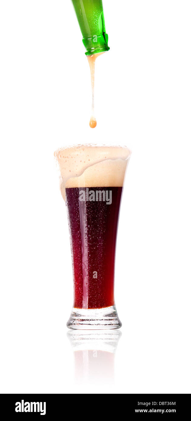 beer pouring from bottle in to the glass with hand isolated on a white ...