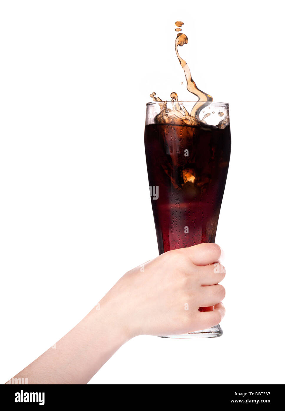 Woman hand holding fresh Cola with ice cubes on a white Stock Photo - Alamy