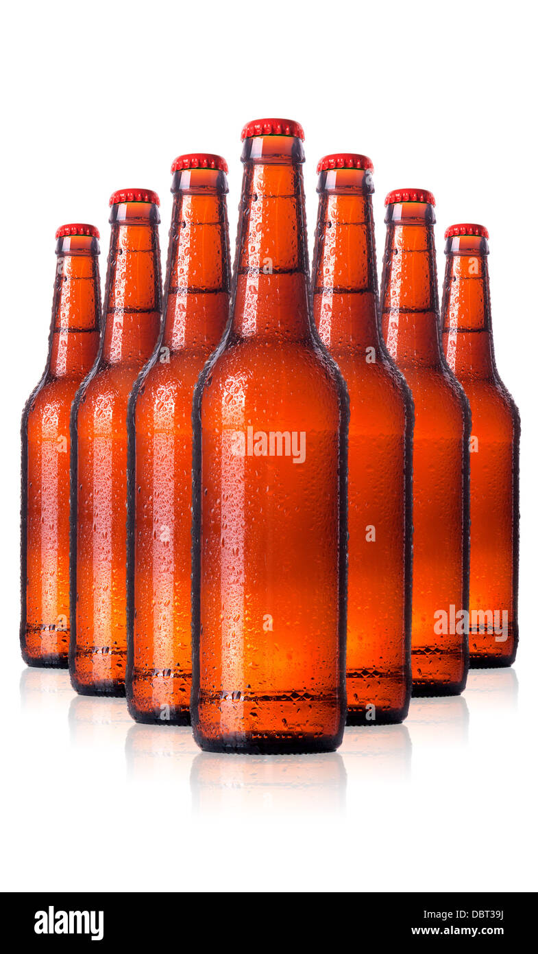 row of beer Bottles with drops isolated on white background Stock Photo ...