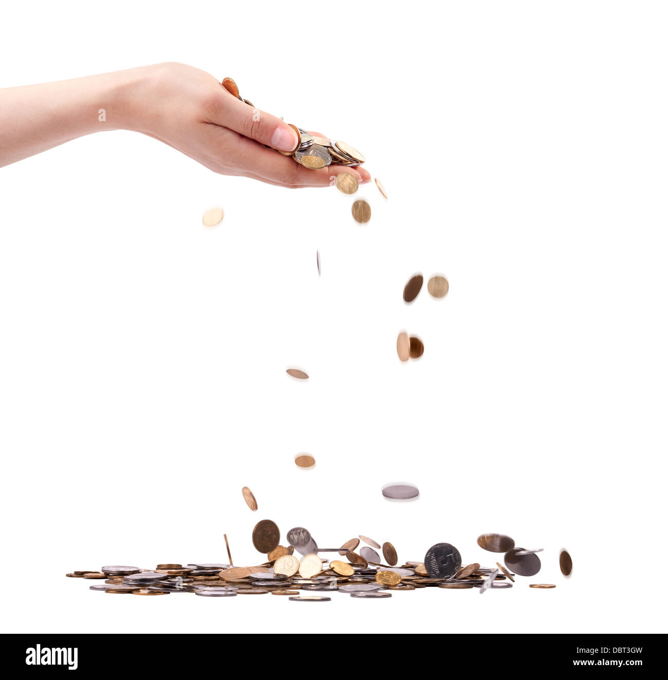 Hand throwing gold and silwer coins.Cashing out Stock Photo - Alamy