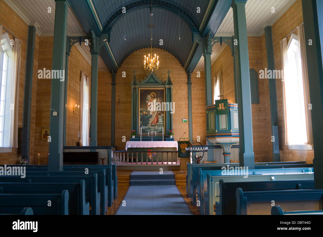 Mo Modalen Norway Europe Inside of village church with wooden pews and ...
