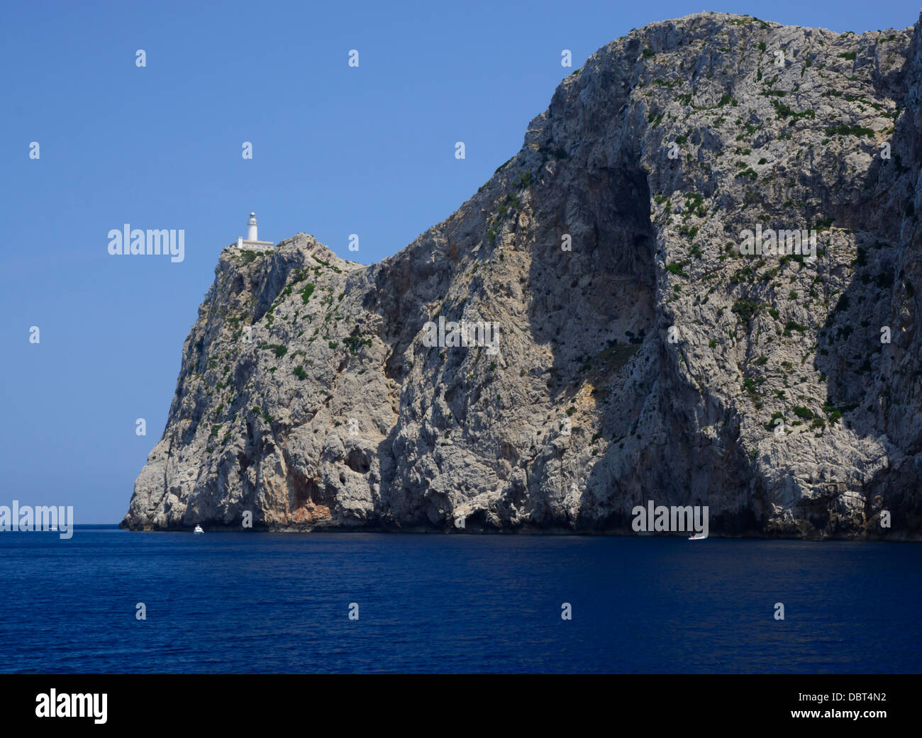 Lighthouse high up on the rock of Cape Formentor, Majorca, Spain Stock ...