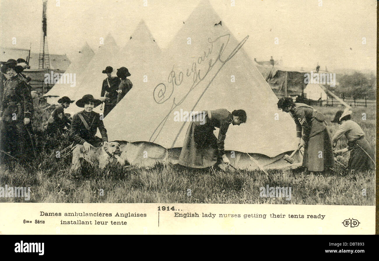 World War One postcard of "English lady nurses getting their tents ...