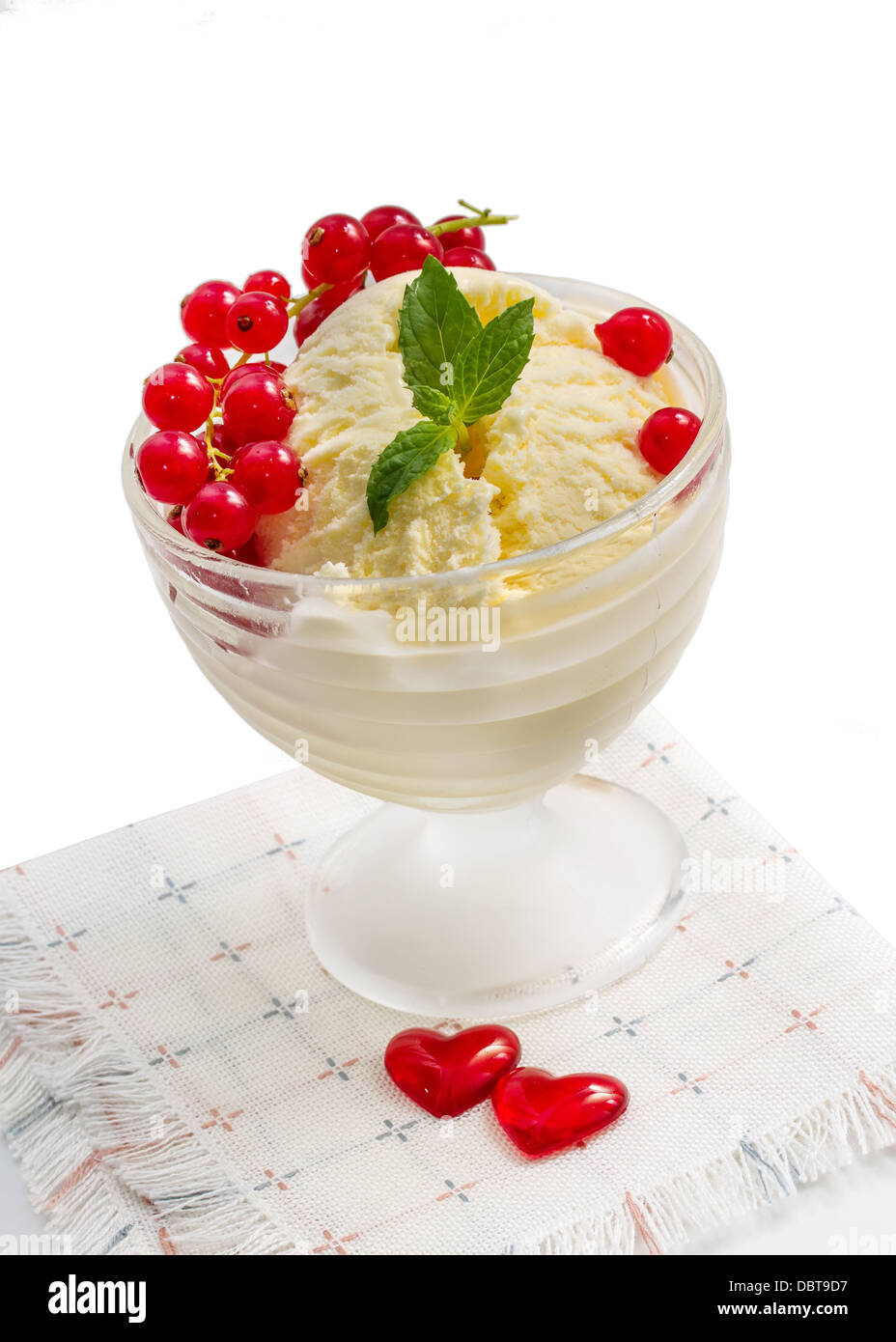 Vanilla ice cream with red currants on a white background Stock Photo ...