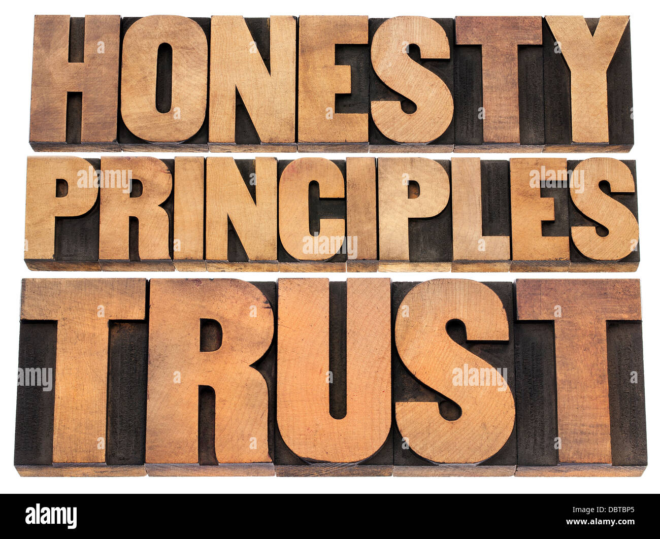 honesty, principles and trust word abstract - isolated text in vintage ...
