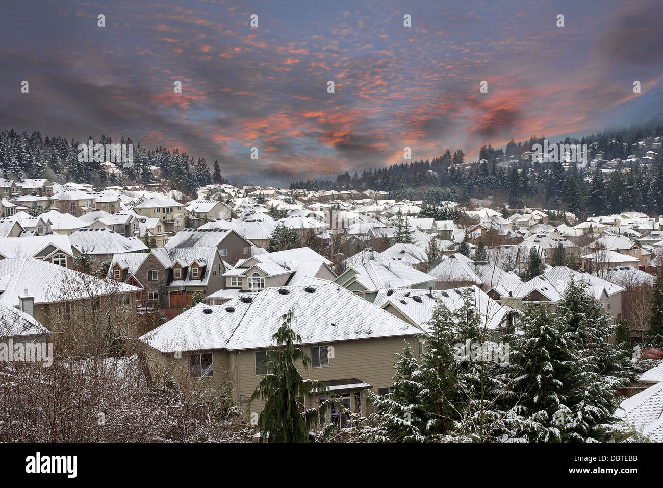 Winter Snow Scene in North America Suburbs Neighborhood Nestled Amongst ...