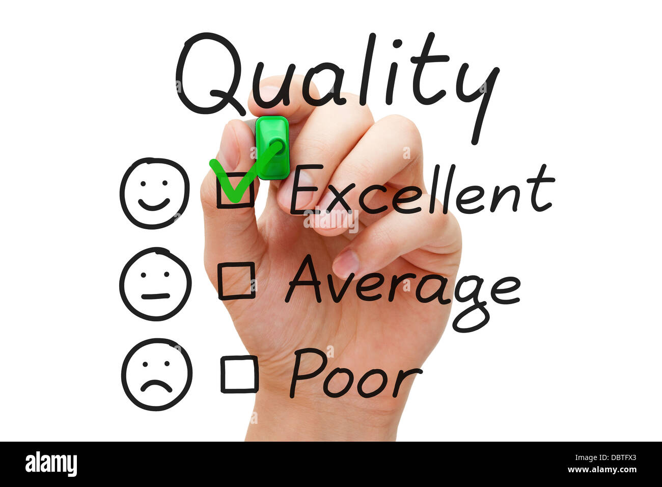 Hand putting check mark with green marker on excellent quality ...