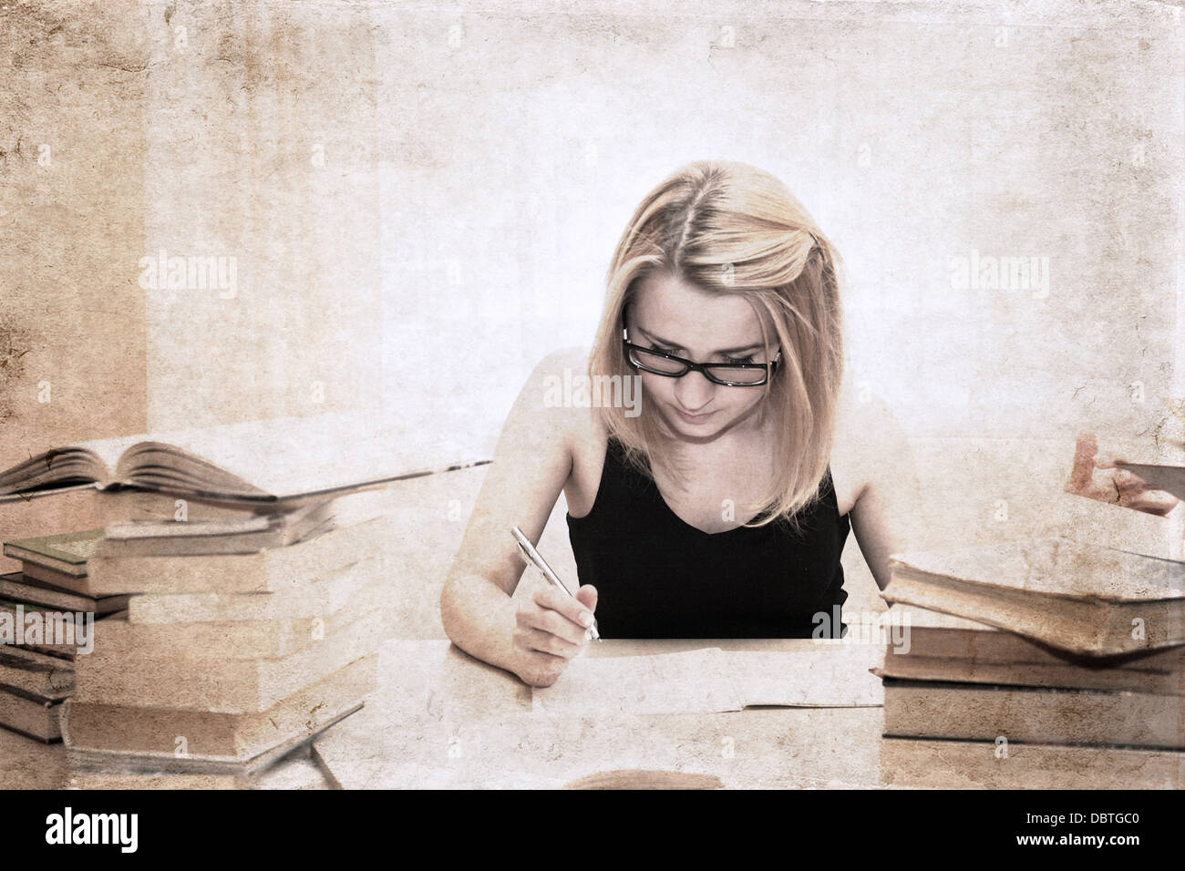 artwork in retro style, girl in the library, writing something in the ...