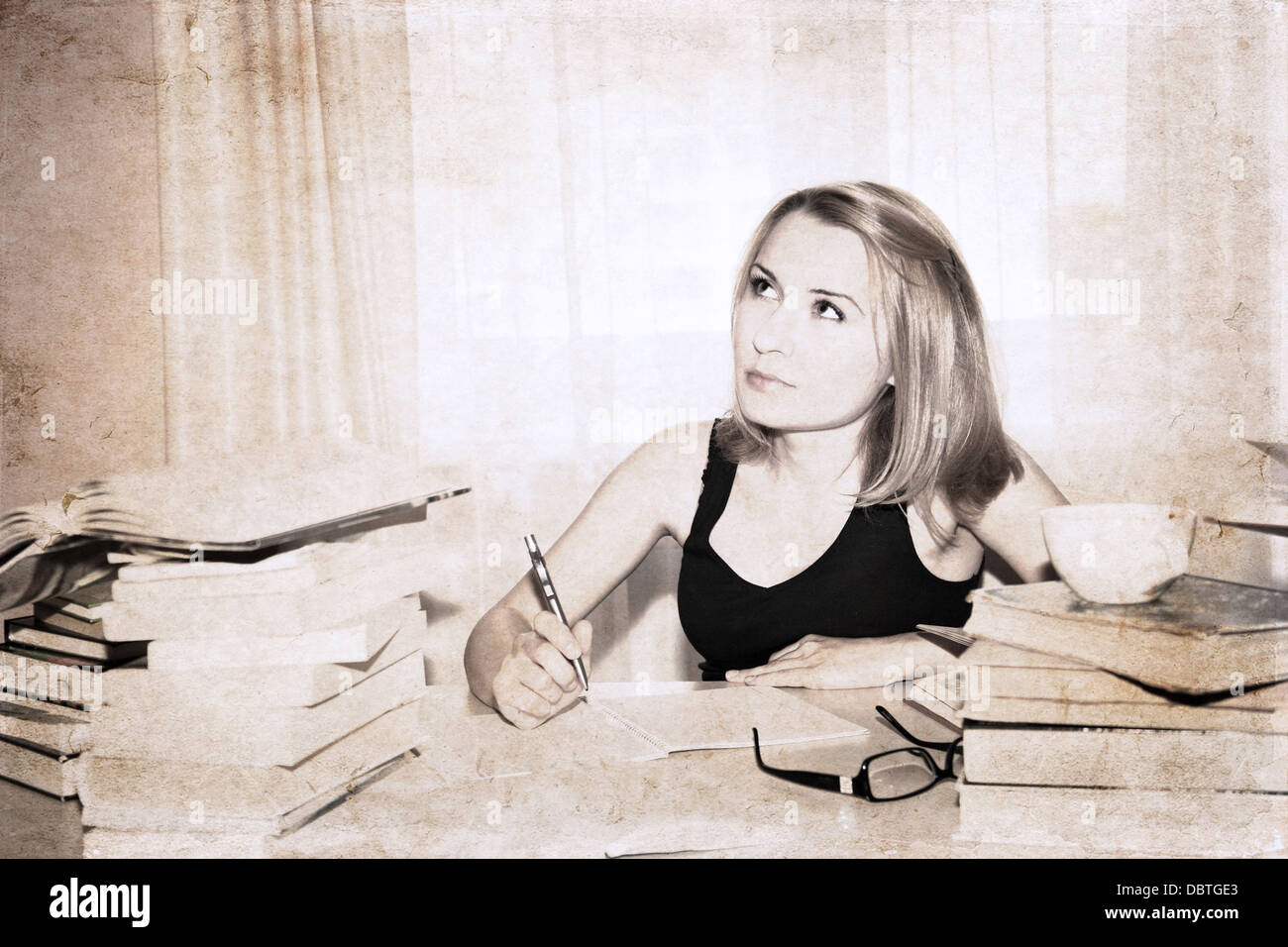 artwork in retro style, girl in the library, writing something in the ...