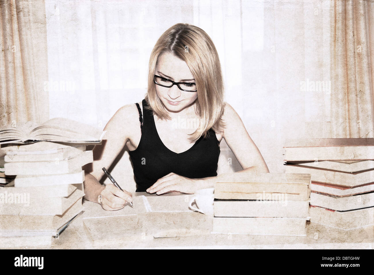 artwork in retro style, girl in the library, writing something in the ...