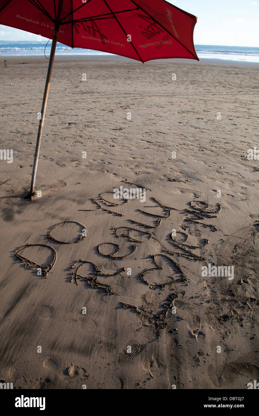 Message in Sand, Seminyak Beach, Seminyak, Bali, Indonesia Stock Photo ...