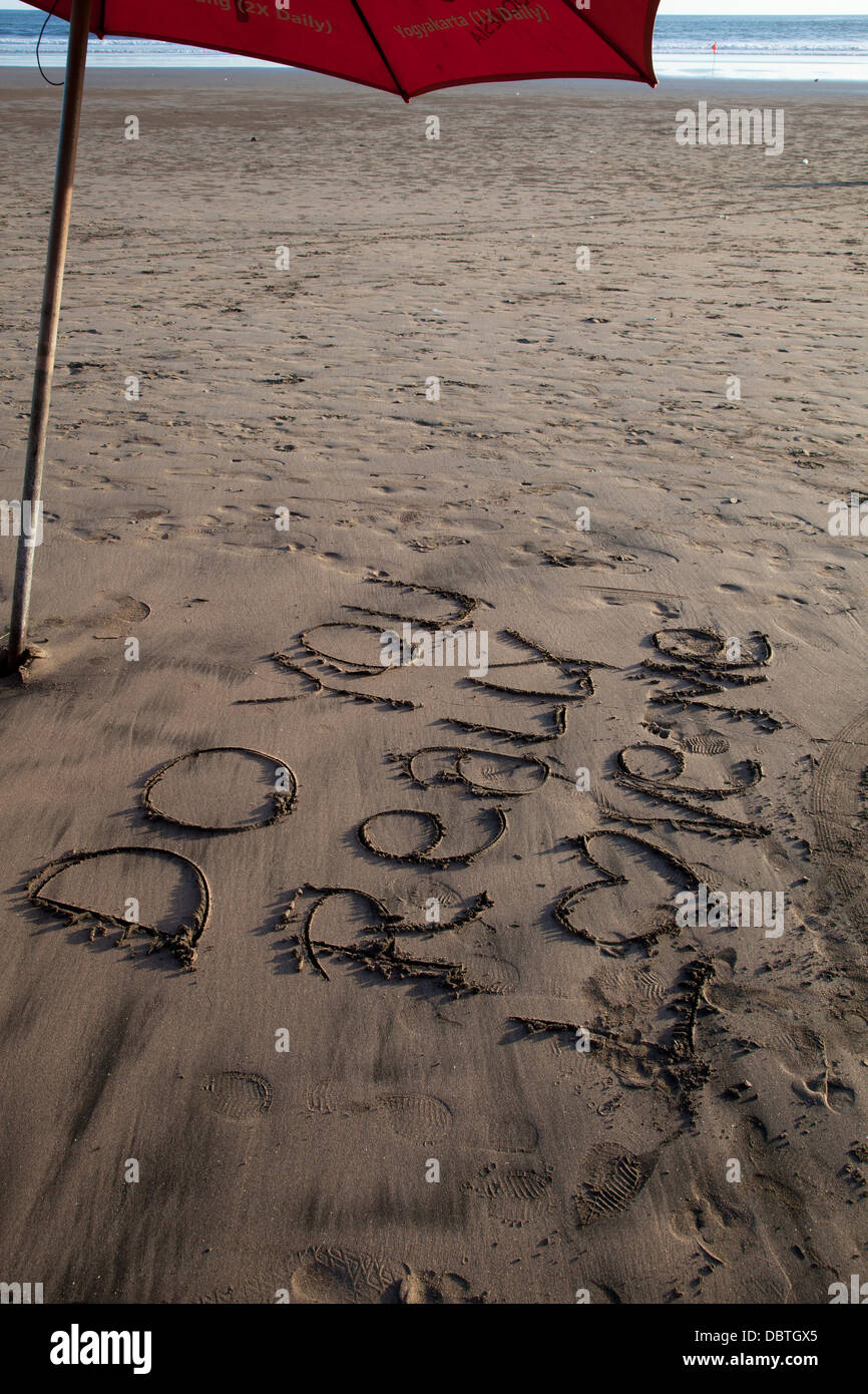 Message in Sand, Seminyak Beach, Seminyak, Bali, Indonesia Stock Photo ...