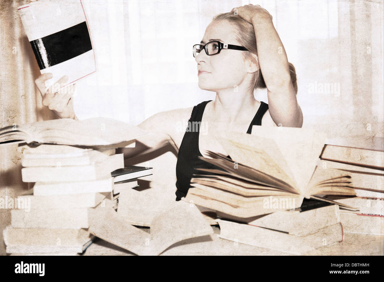 artwork in retro style, girl in the library, reading the book Stock ...