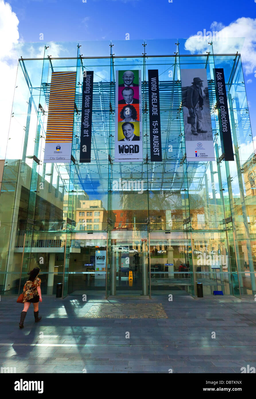 A woman entering the state library on North Terrace in the city of ...