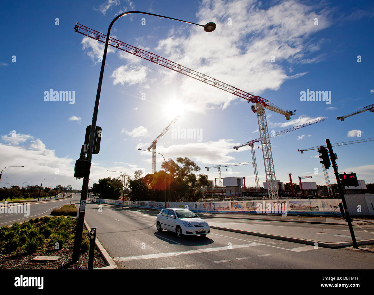 road traffic lights public transport construction site cranes car North ...