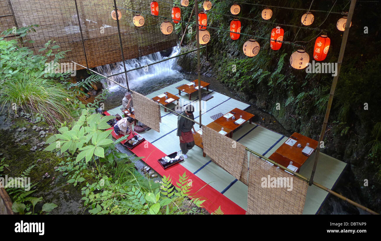 A 'kawadoko' dining deck built over a river running through Kibune in ...