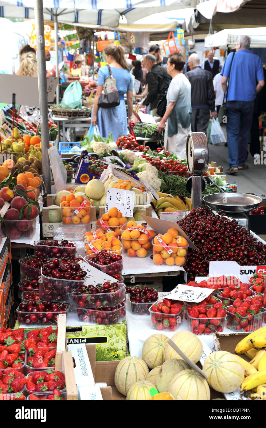 Fruit and vegetables on display at a market along Viale Papiniano in ...