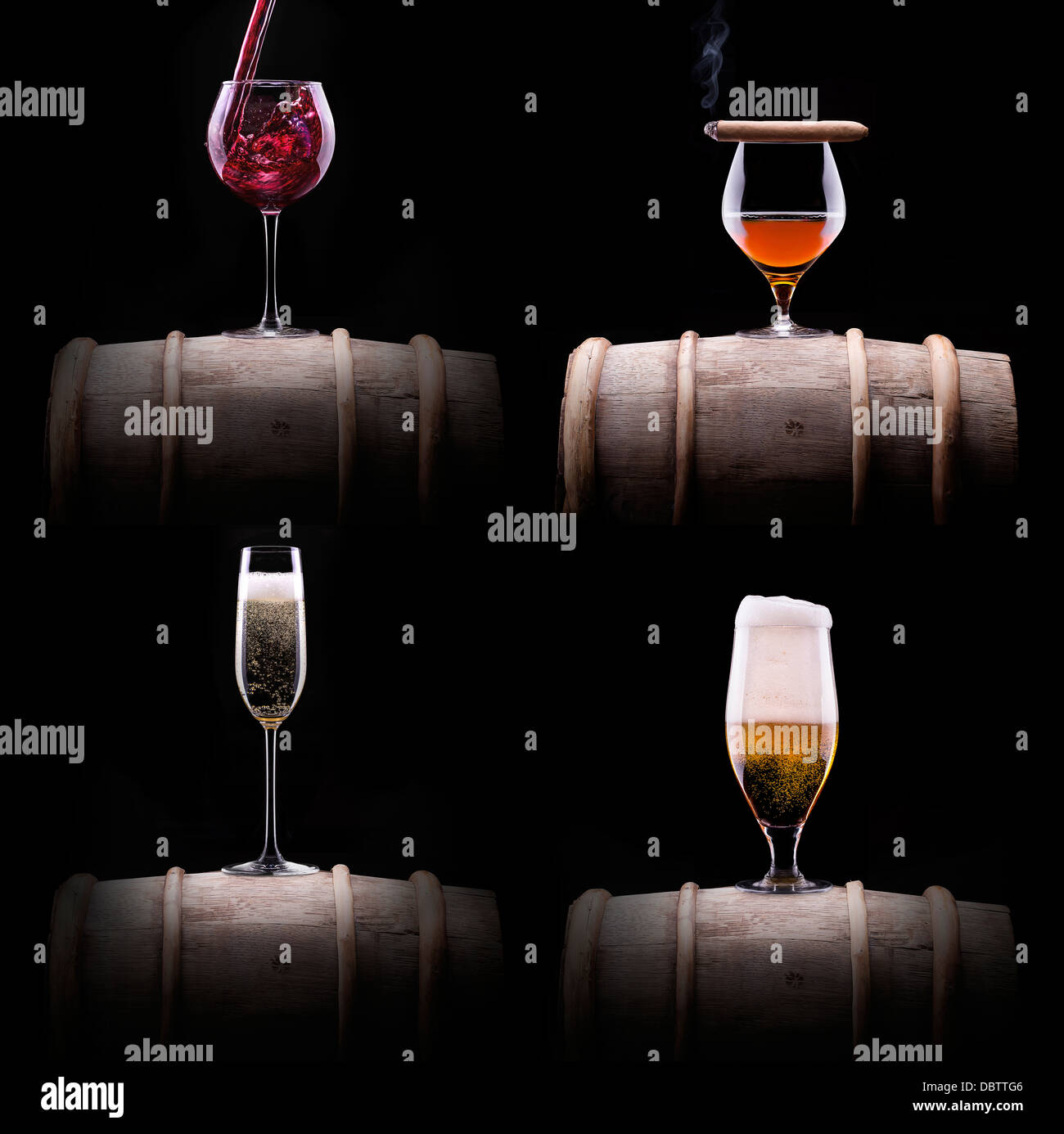 alcohol drinks set isolated on a black background - beer,wine,champagne ...
