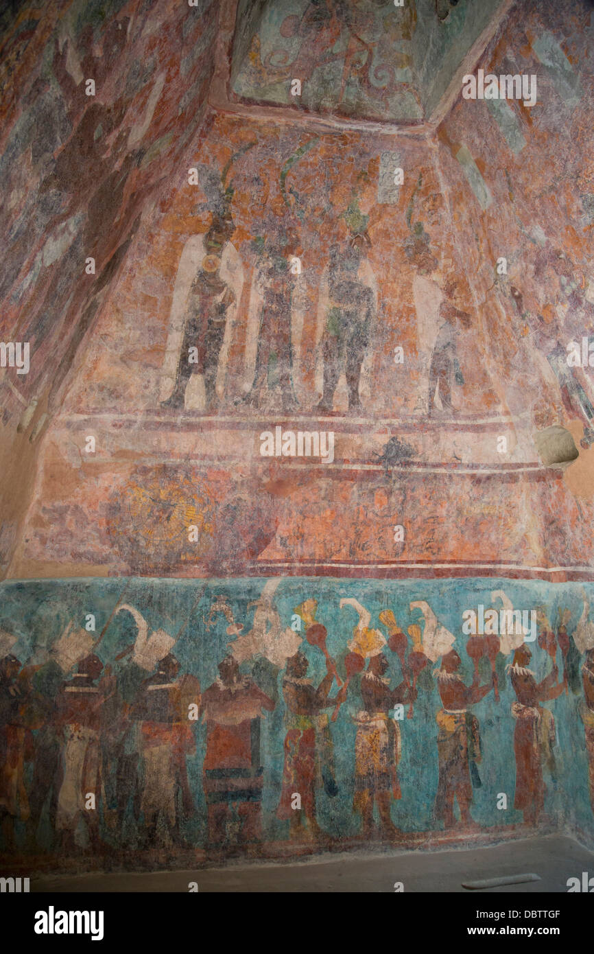 A procession of musicians in the lower panel and Maya nobles, Temple of ...