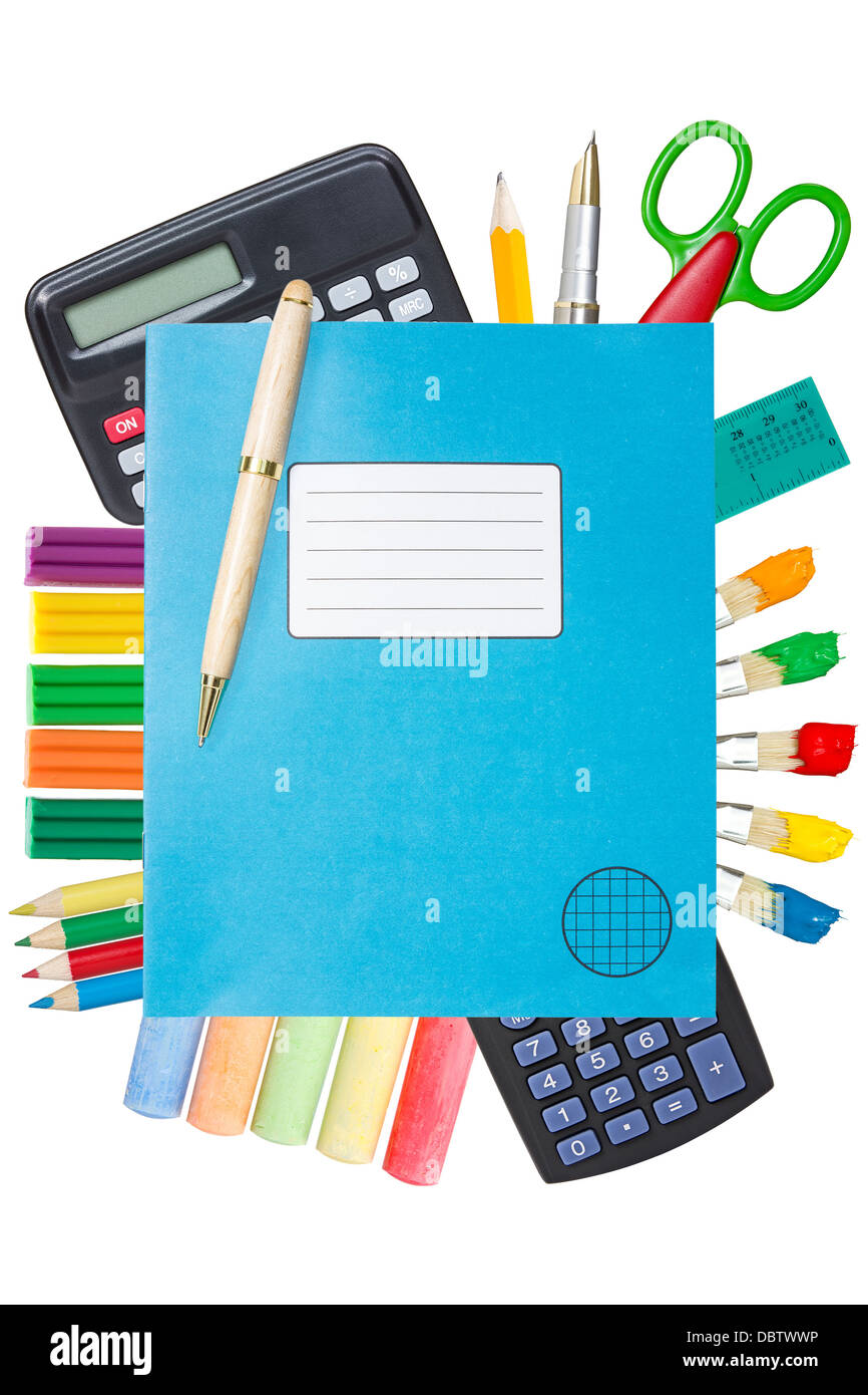 Blue exercise book with school supplies, isolated on white background ...