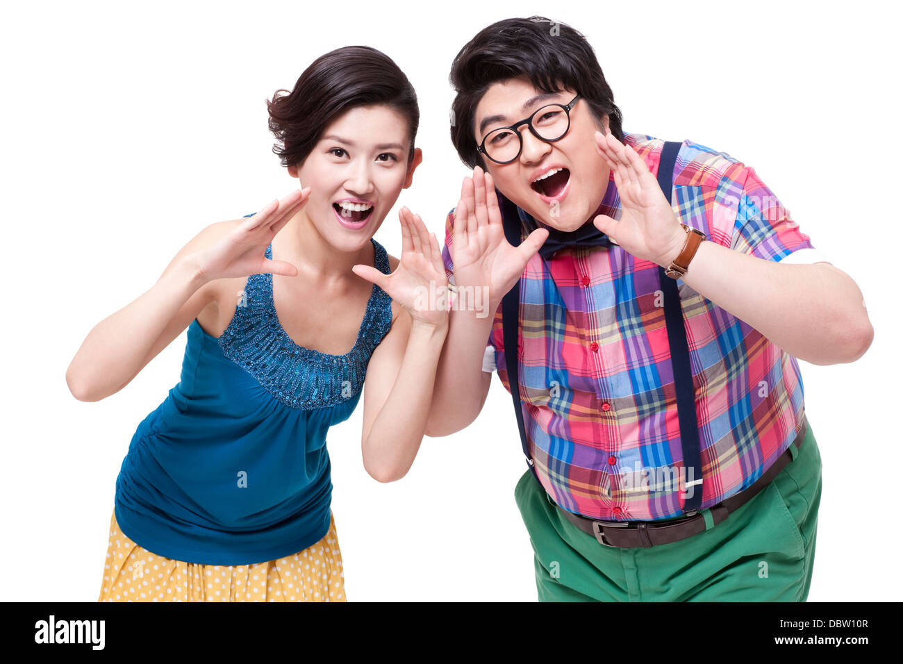 Cheerful fat man with girlfriend shouting Stock Photo - Alamy