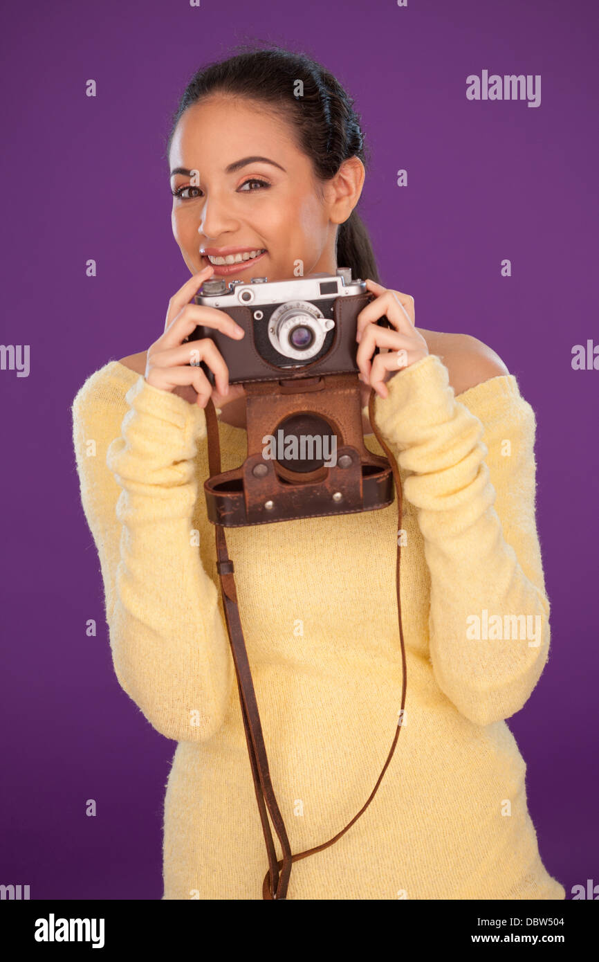 Happy photographer with vintage camera Stock Photo - Alamy