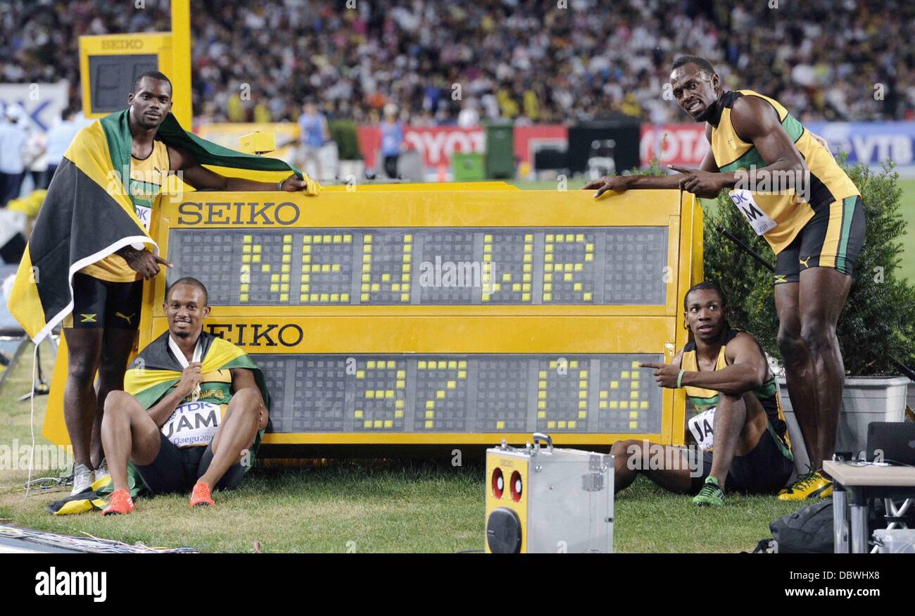 Nesta Carter, Michael Frater, Yohan Blake and Usain Bolt, members of ...