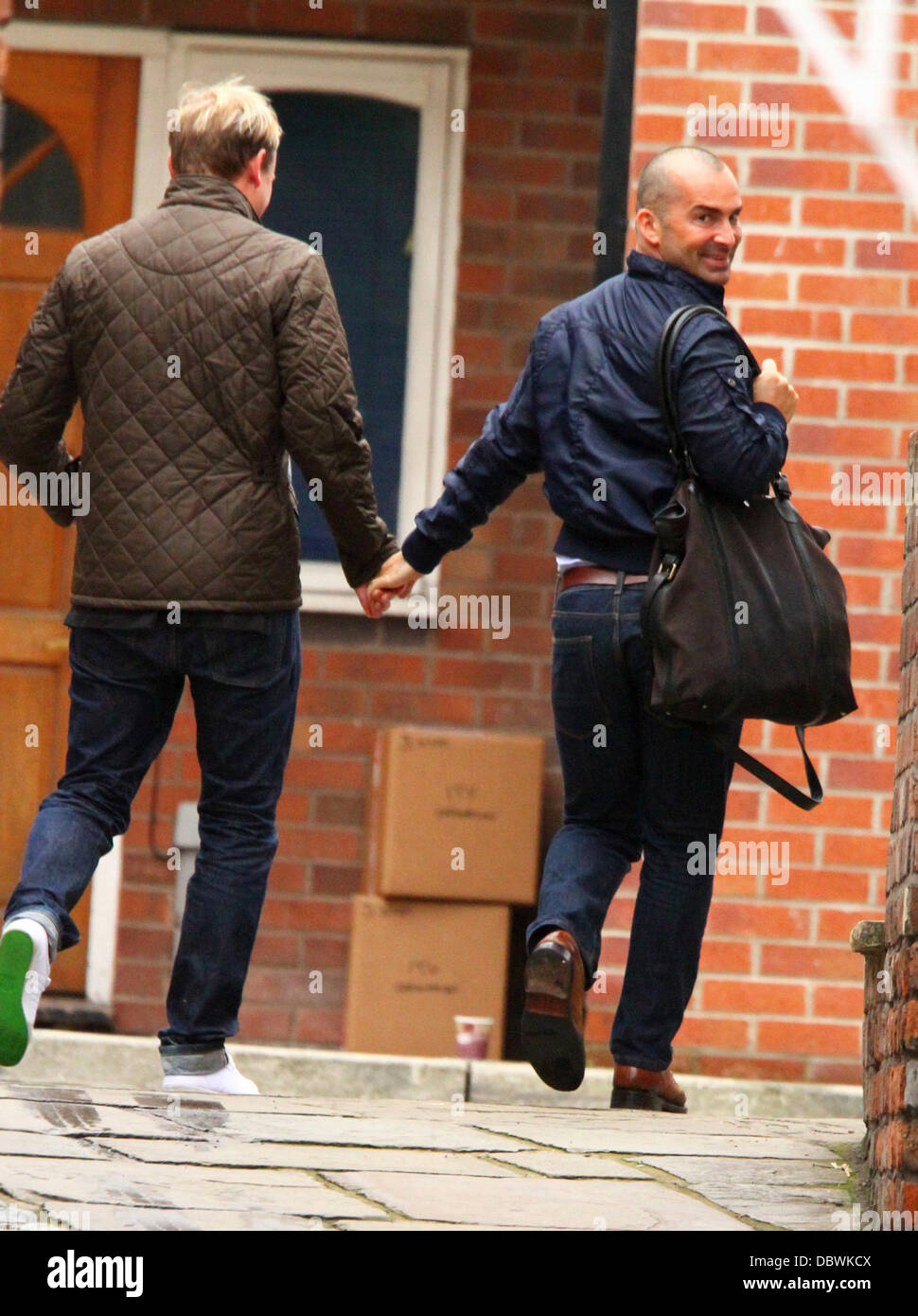 Louie Spence and Antony Cotton arriving on the set of Coronation Street ...