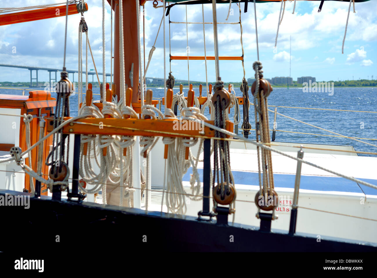 Sailing ship Pride at anchor on Cooper River: Rigging & pins with view ...