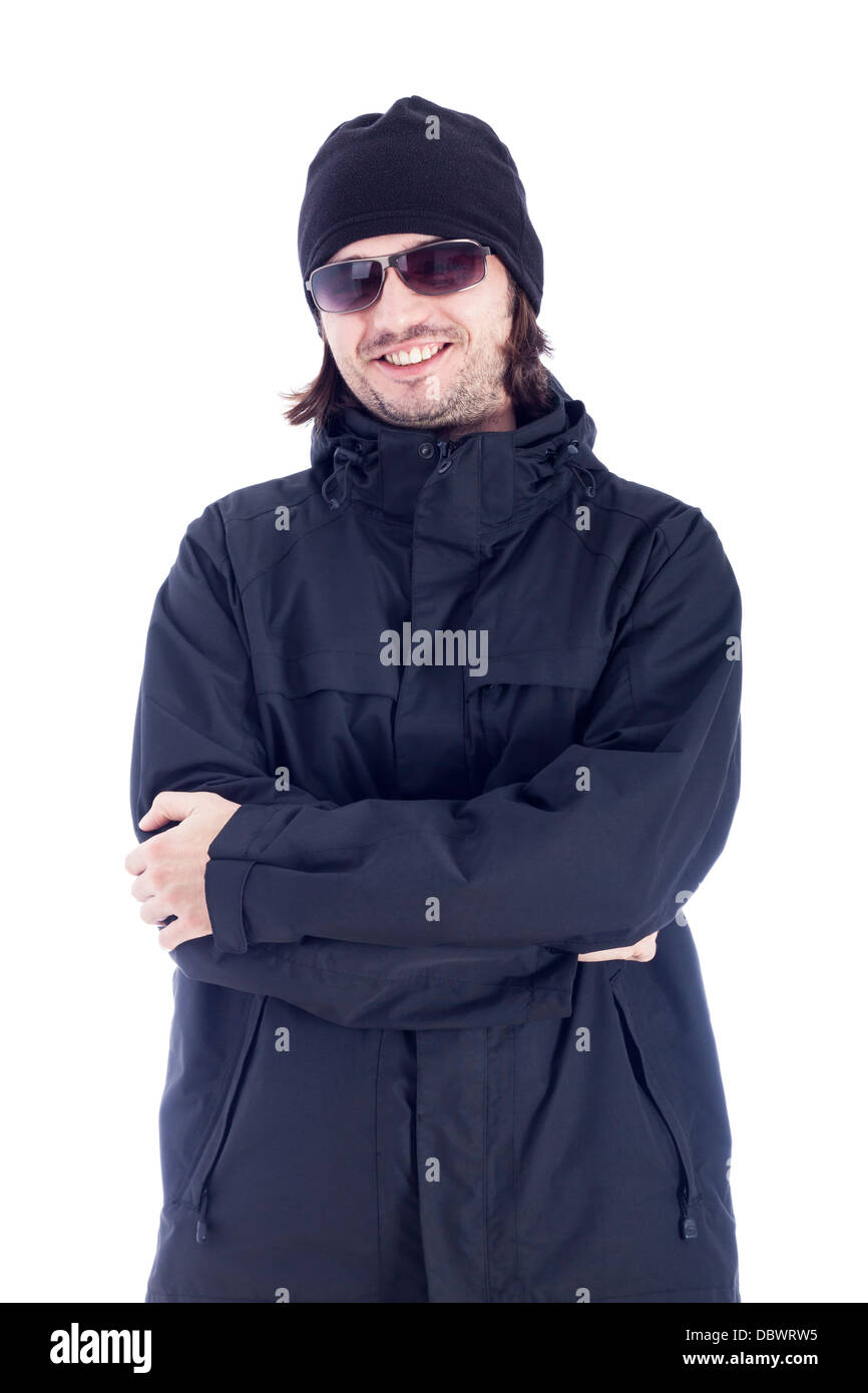 Ecstatic man in winter clothes and sunglasses, isolated on white ...