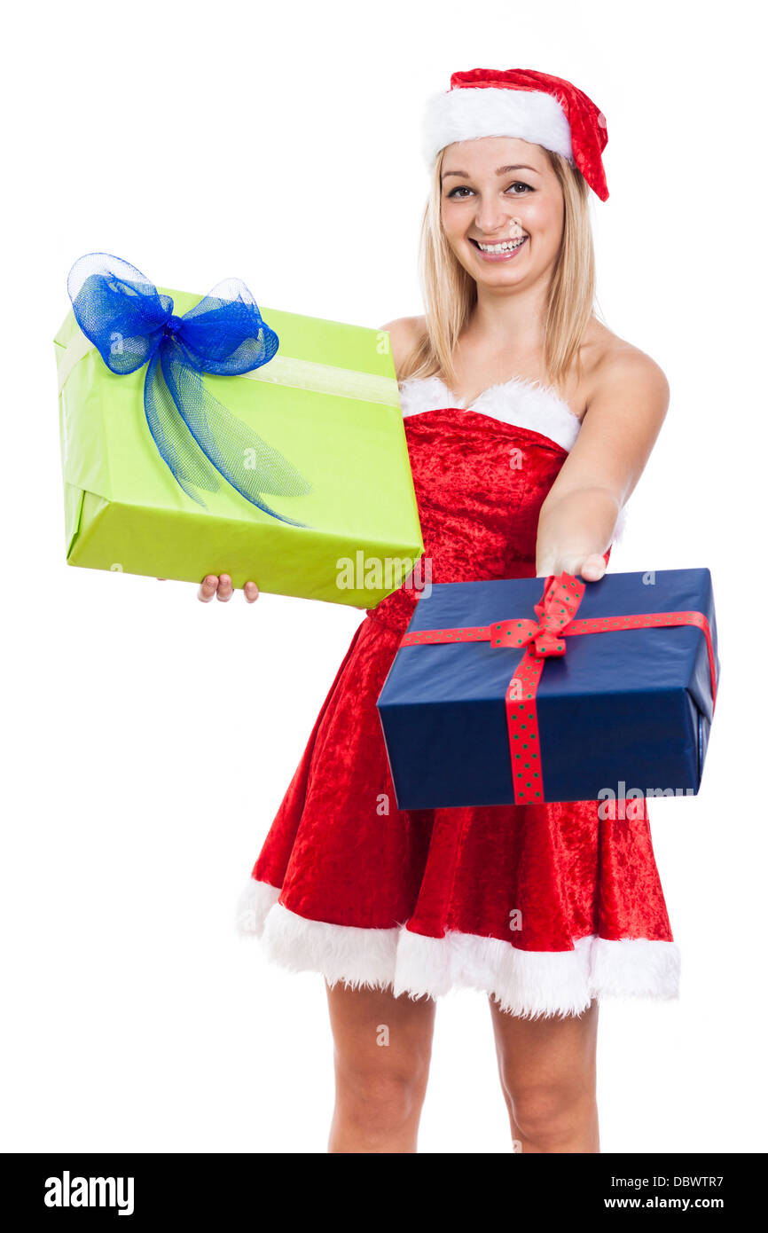 Happy generous Christmas woman giving presents, isolated on white ...