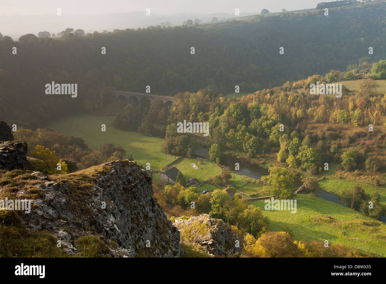 Aerial view of Monsal Head, the viaduct and the river Wye and Monsal ...