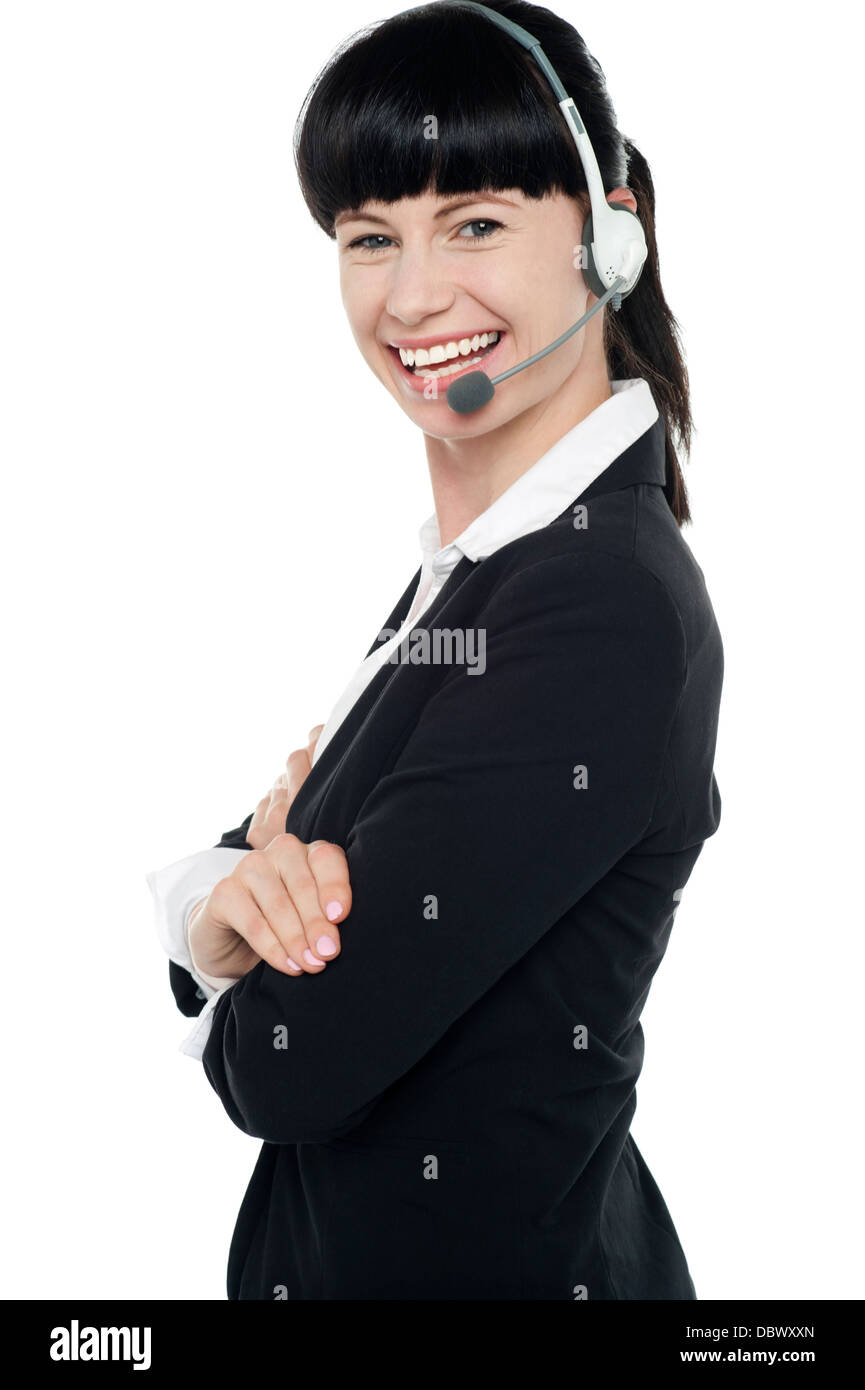 Friendly female telephone operator at your service Stock Photo - Alamy