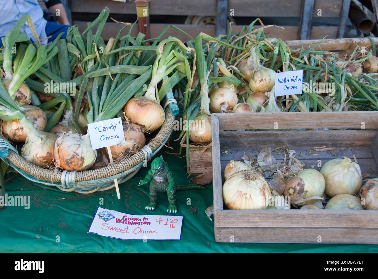 Selection of onions for sale on a fresh vegetables Stall at the ...