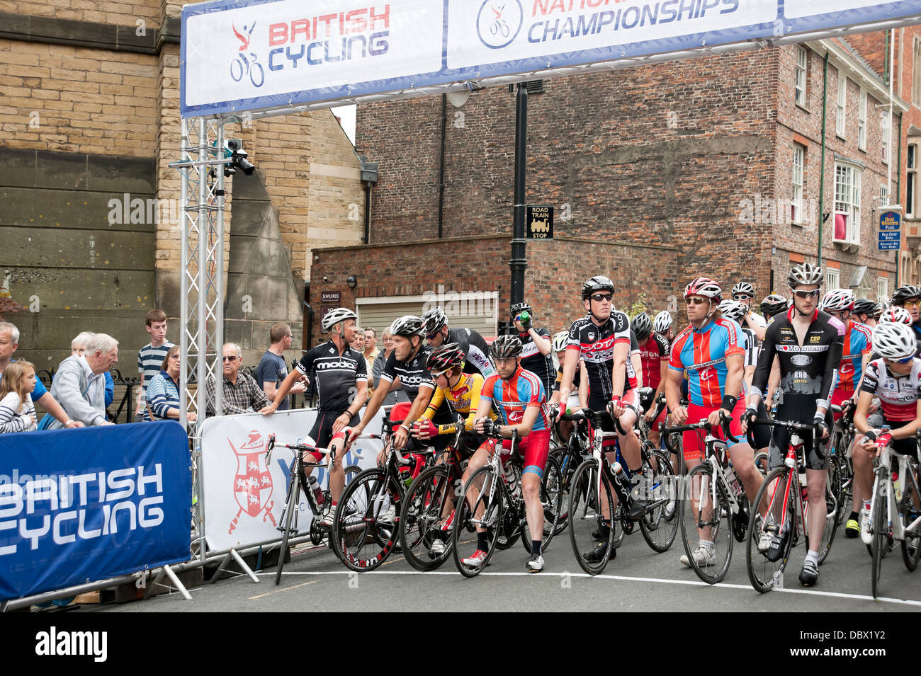 Cyclist cyclists riders at start of support cycle race British National ...