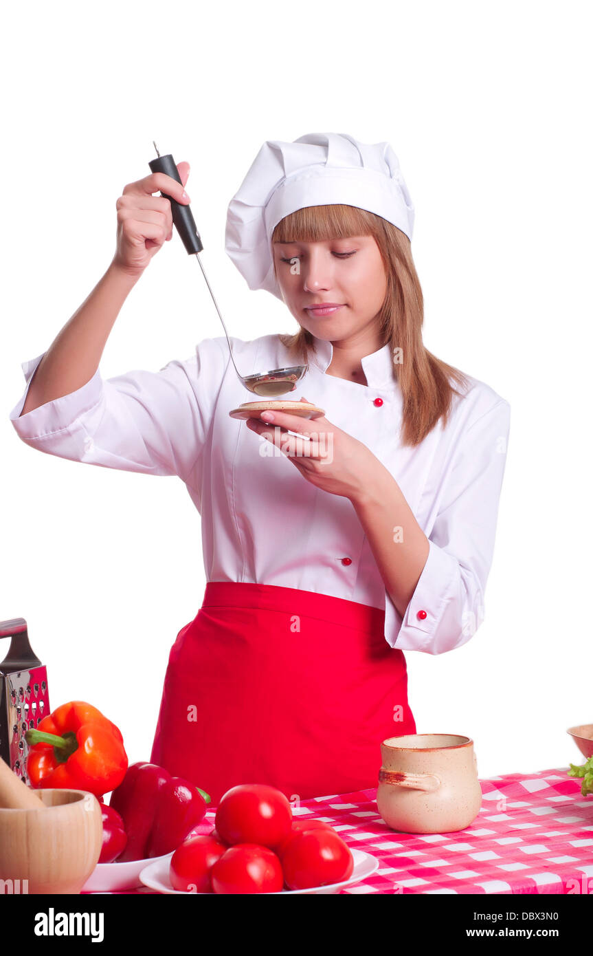 Attractive cook woman a over white background Stock Photo - Alamy