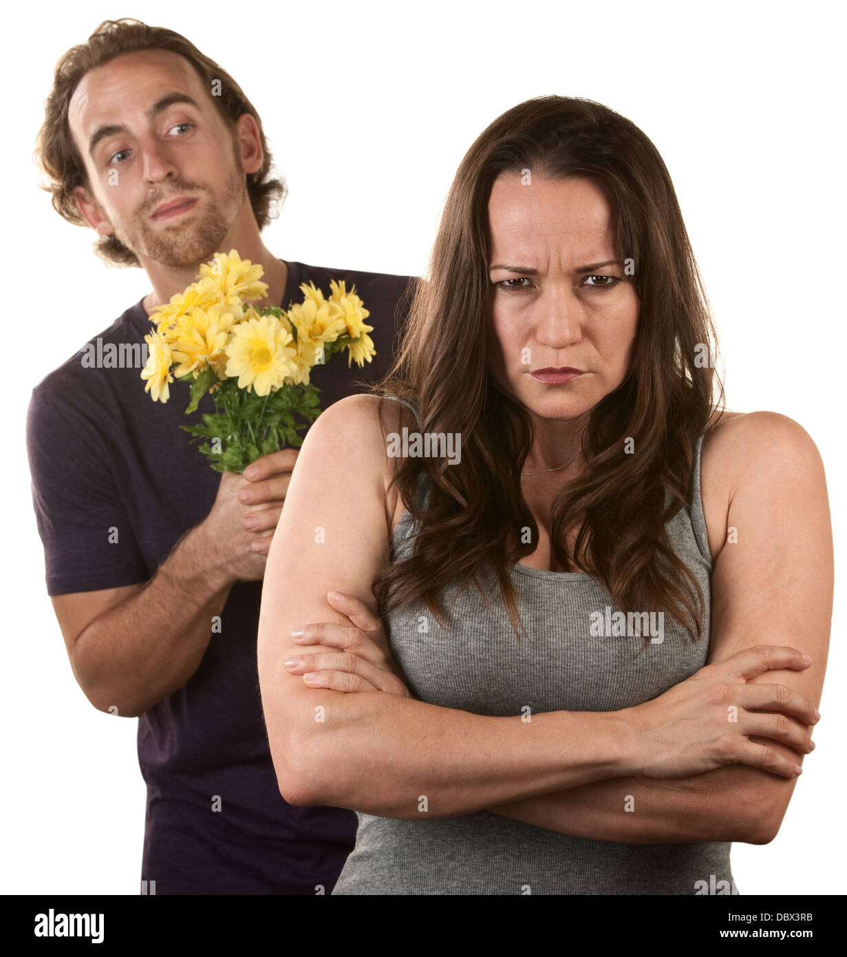 Angry Woman and Man with Flowers Stock Photo - Alamy