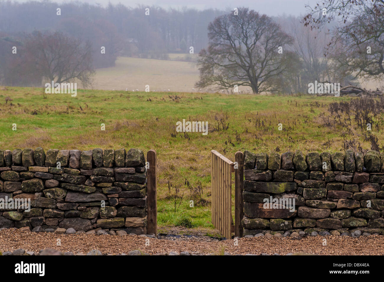 Dry stone wall with wooden gate - ajar Stock Photo - Alamy