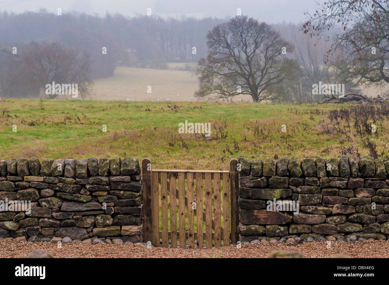 Dry stone wall with wooden gate - closed Stock Photo - Alamy